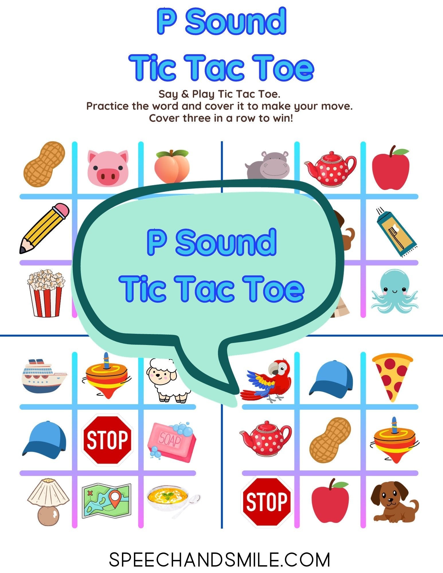 P Sound PRINTABLE Speech Sounds Tic-Tac-Toe Print and Play with Speech ...