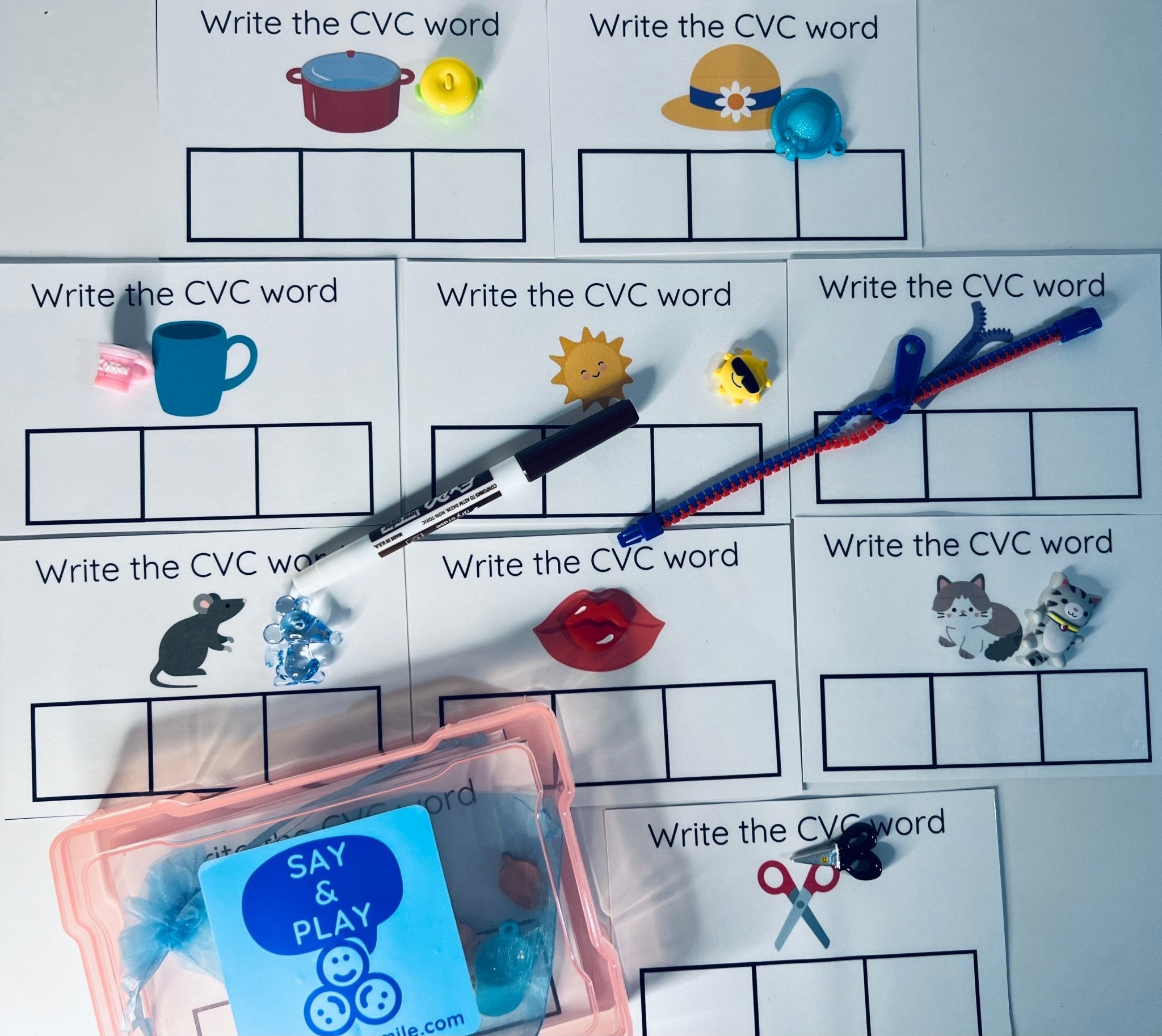 Say and Play CVC Language Task Box SPELLING kit Mini Objects Speech Th ...