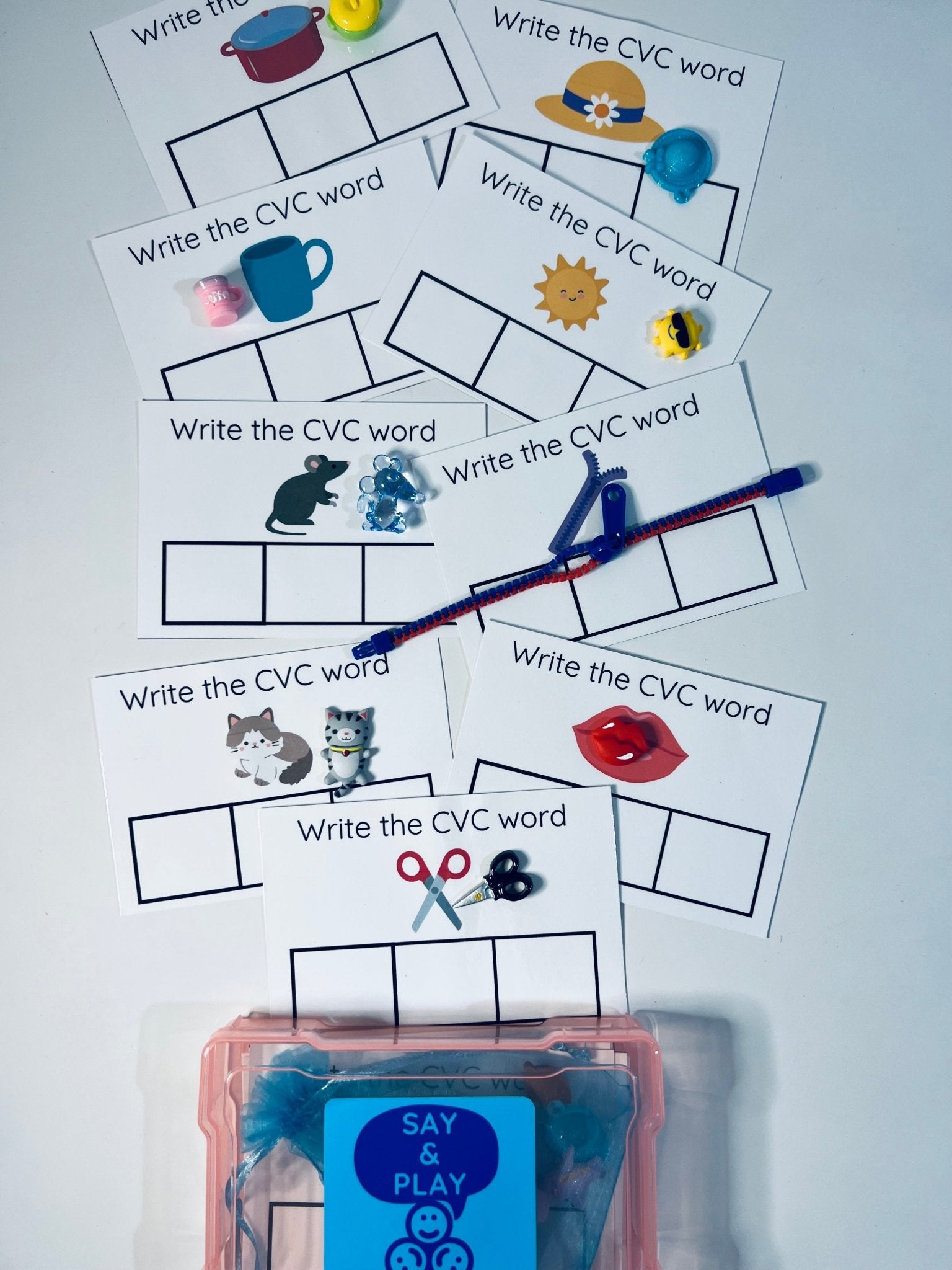 Say and Play CVC Language Task Box SPELLING kit Mini Objects Speech Th ...