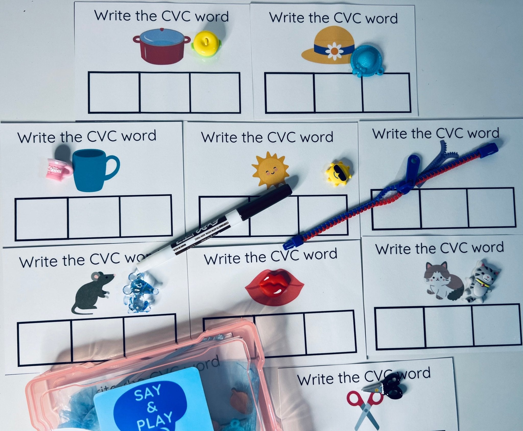 Say and Play CVC Language Task Box SPELLING kit Mini Objects Speech Th ...
